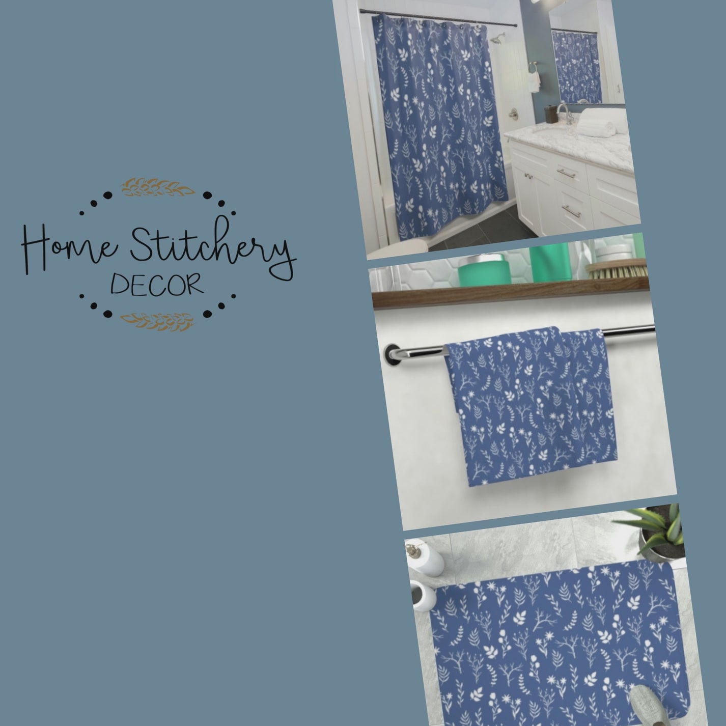 Indigo Blue and White Floral Print Shower Curtain | Modern Floral Show – Home Stitchery Decor